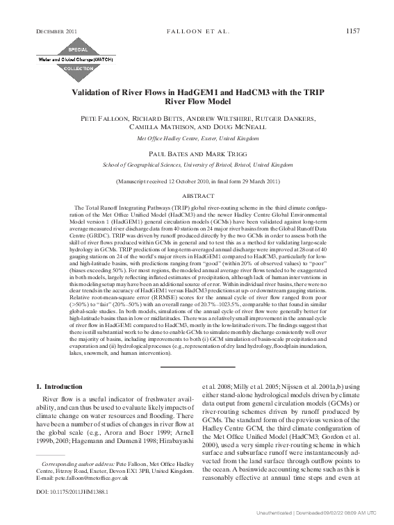 (PDF) Validation of River Flows in HadGEM1 and HadCM3 with the TRIP ...