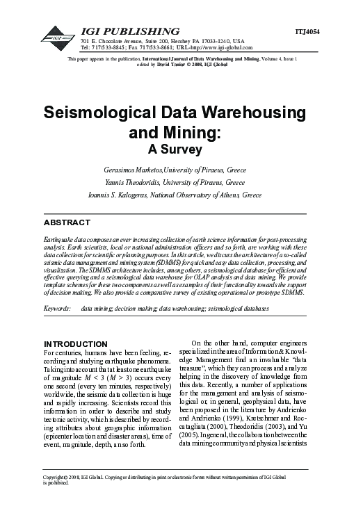 (PDF) Seismological Data Warehousing and Mining