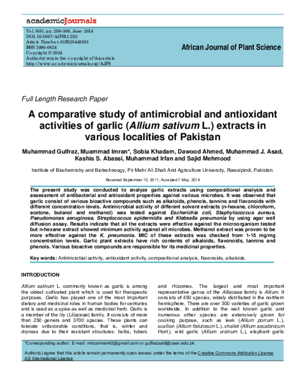 (PDF) A comparative study of antimicrobial and antioxidant activities of garlic (Allium sativum ...