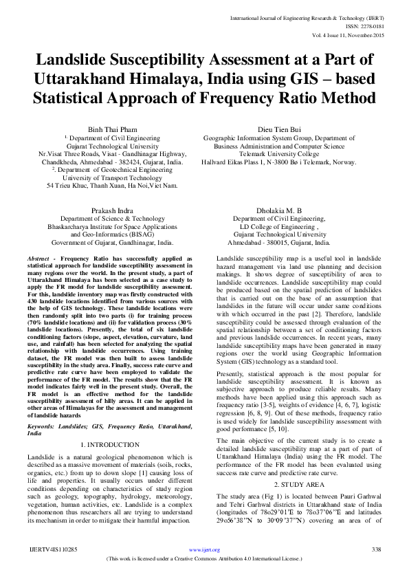 (PDF) Landslide Susceptibility Assessment at a Part of Uttarakhand Himalaya, India using GIS ...