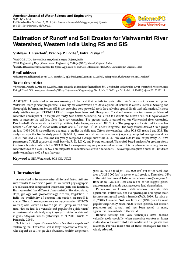 (PDF) Estimation of Runoff and Soil Erosion for Vishwamitri River Watershed, Western India Using ...