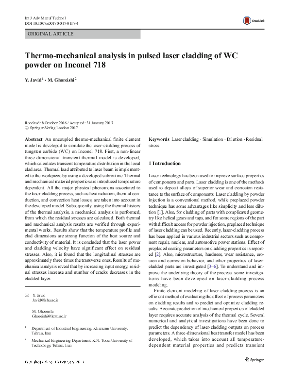 (PDF) Thermo-mechanical analysis in pulsed laser cladding of WC powder on Inconel 718