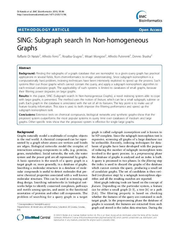 (PDF) SING: Subgraph search In Non-homogeneous Graphs | Alfredo Ferro - Academia.edu