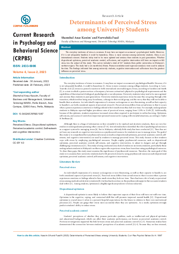 (PDF) Determinants of Perceived Stress among University Students