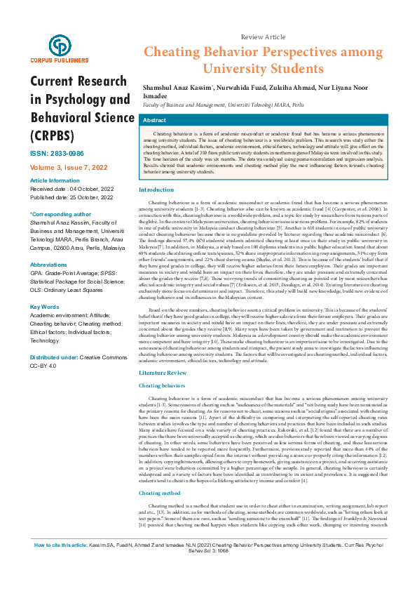 (PDF) Cheating Behavior Perspectives among University Students