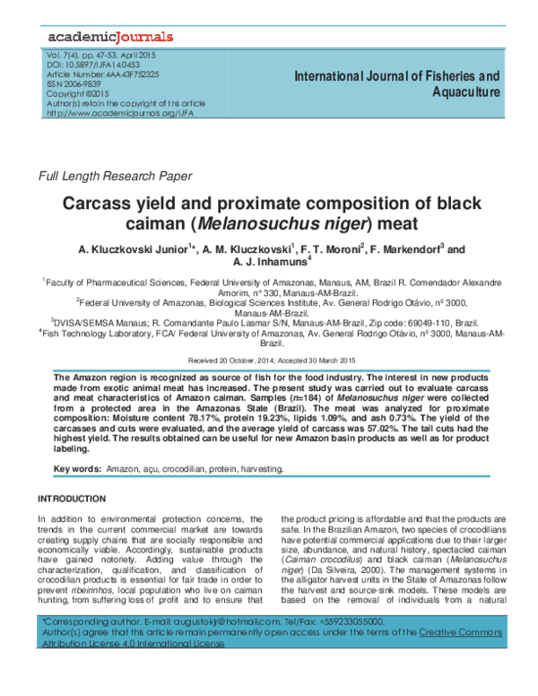 (PDF) Carcass yield and proximate composition of black caiman ...