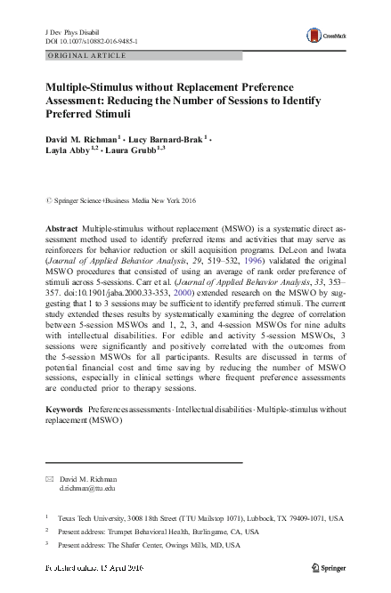 (PDF) MSWO Preference Assessment for Students with EBDs
