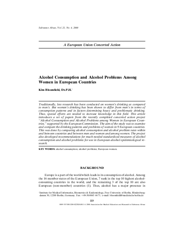 (PDF) Alcohol consumption and alcohol problems among women in European countries