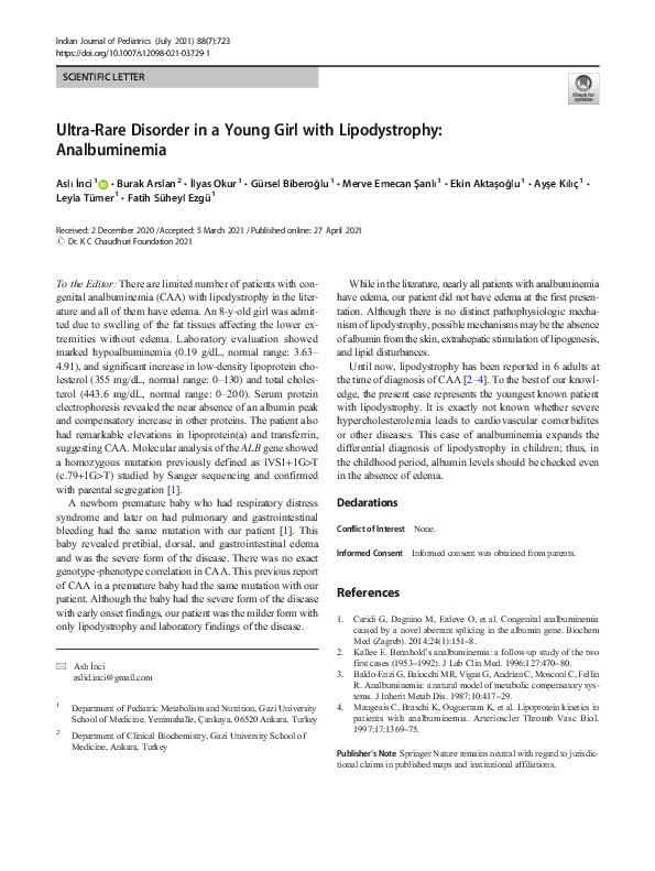 (PDF) Ultra-Rare Disorder in a Young Girl with Lipodystrophy: Analbuminemia