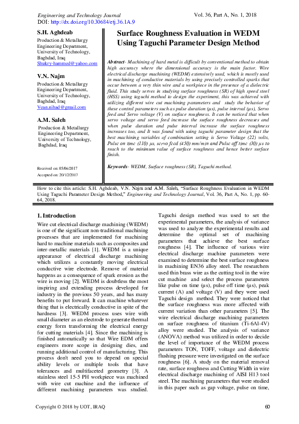 (PDF) Surface Roughness Evaluation in WEDM Using Taguchi Parameter Design Method