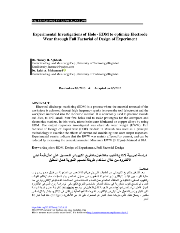 (PDF) Experimental Investigations of Hole - EDM to Optimize ElectrodeWear through Full Factorial ...