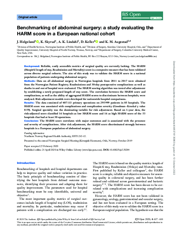 (PDF) Benchmarking of abdominal surgery: a study evaluating the HARM ...