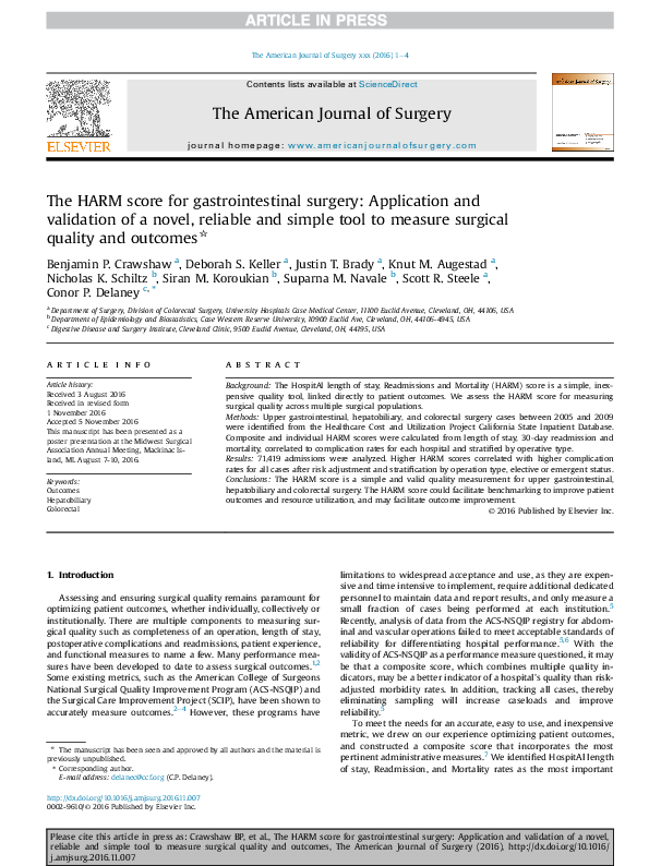 (PDF) The HARM score for gastrointestinal surgery: Application and ...