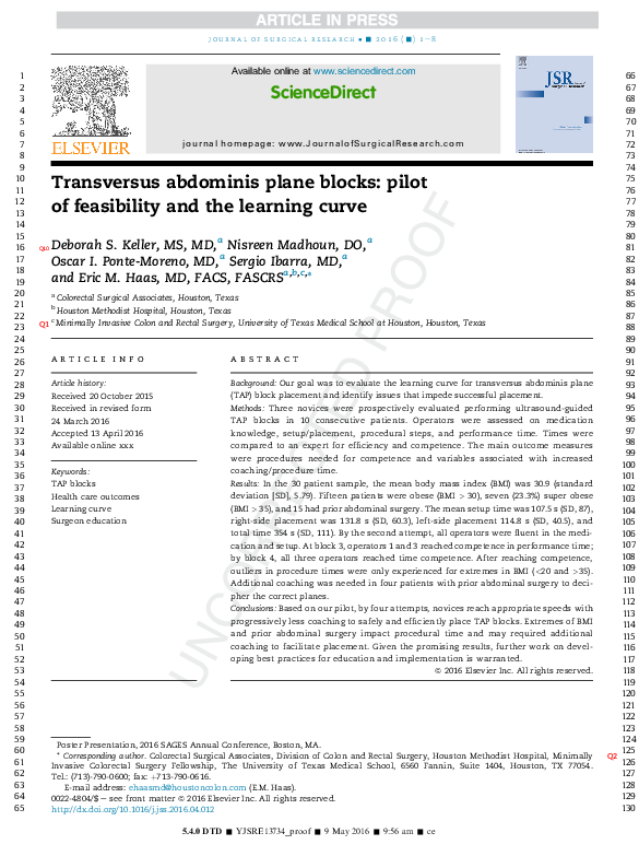 (PDF) Transversus abdominis plane blocks: pilot of feasibility and the ...