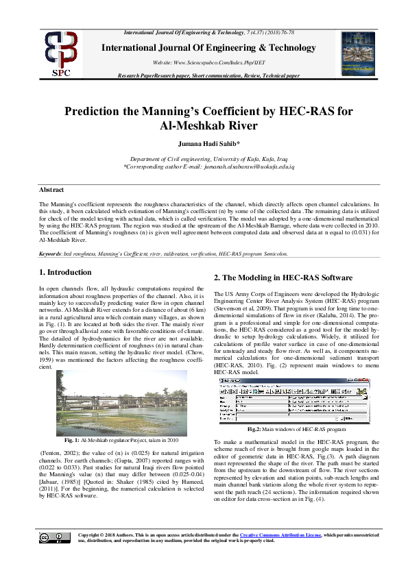 (PDF) Prediction the Manning’s Coefficient by HEC-RAS for Al-Meshkab River