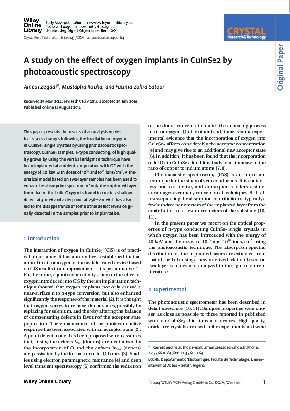 (PDF) A study on the effect of oxygen implants in CuInSe2 by ...