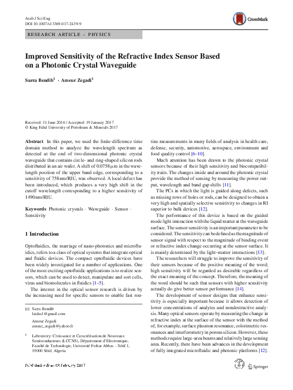 (PDF) Improved Sensitivity of the Refractive Index Sensor Based on a Photonic Crystal Waveguide