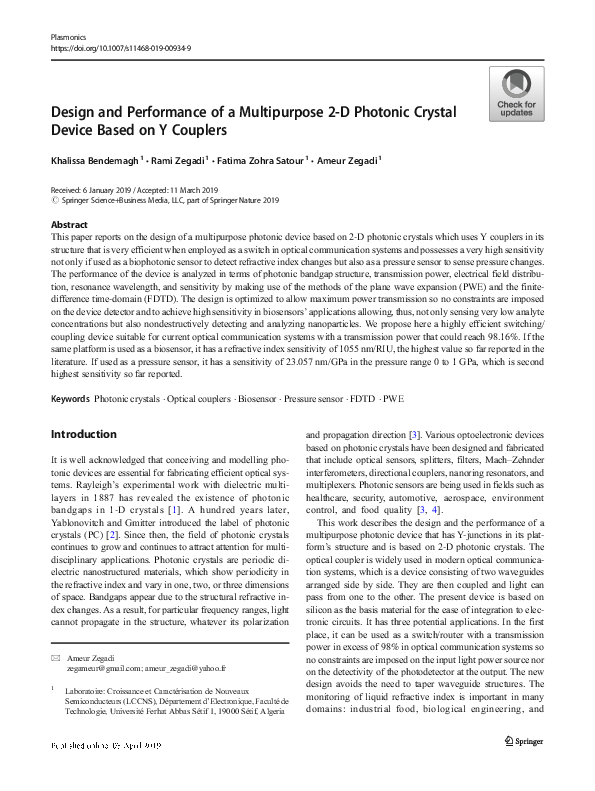 (PDF) Design and Performance of a Multipurpose 2-D Photonic Crystal Device Based on Y Couplers
