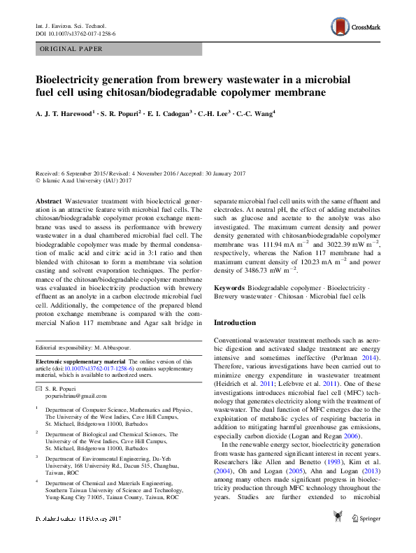 (PDF) Bioelectricity generation from brewery wastewater in a microbial fuel cell using chitosan ...