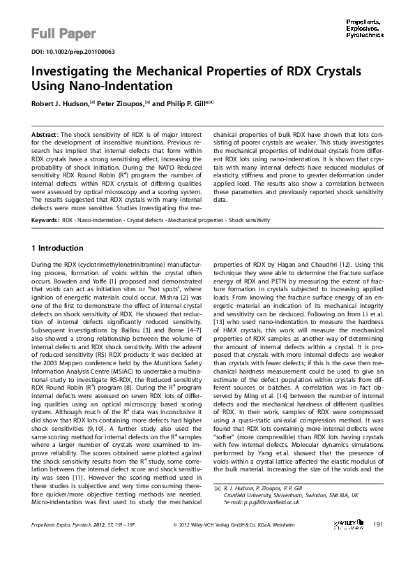 (PDF) Investigating the Mechanical Properties of RDX Crystals Using Nano-Indentation