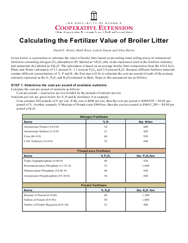 (PDF) Calculating the fertilizer value of broiler litter