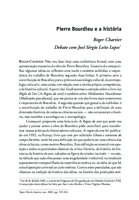 (PDF) Pierre Bourdieu e a história – Roger Chartier; José Sérgio Leite ...