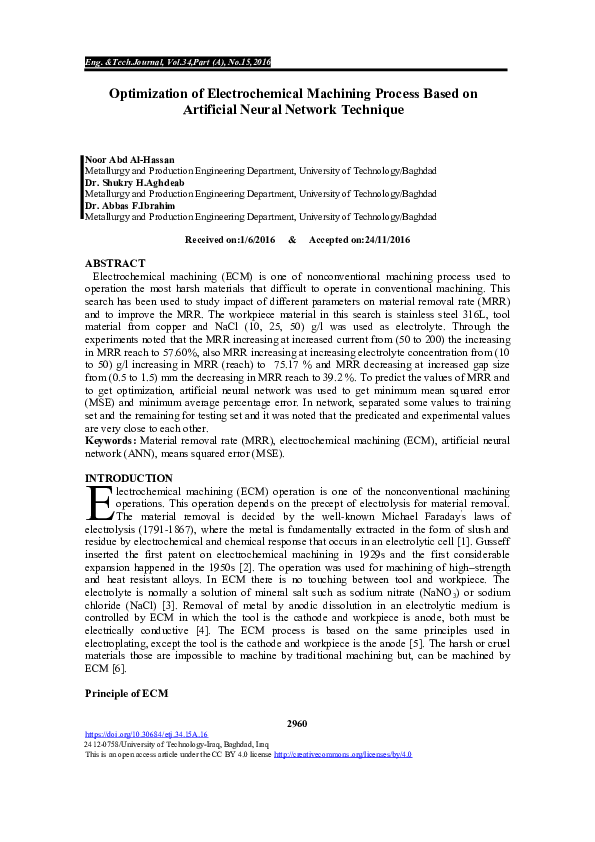 (PDF) Optimization of Electrochemical Machining Process Based on Artificial Neural Network Technique