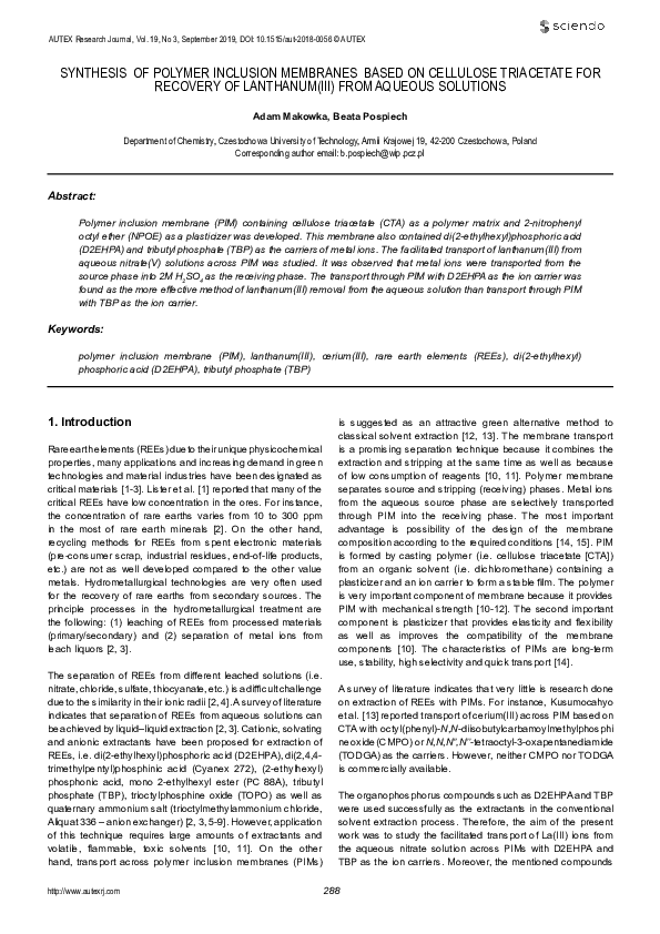 (PDF) Synthesis of Polymer Inclusion Membranes based on Cellulose ...