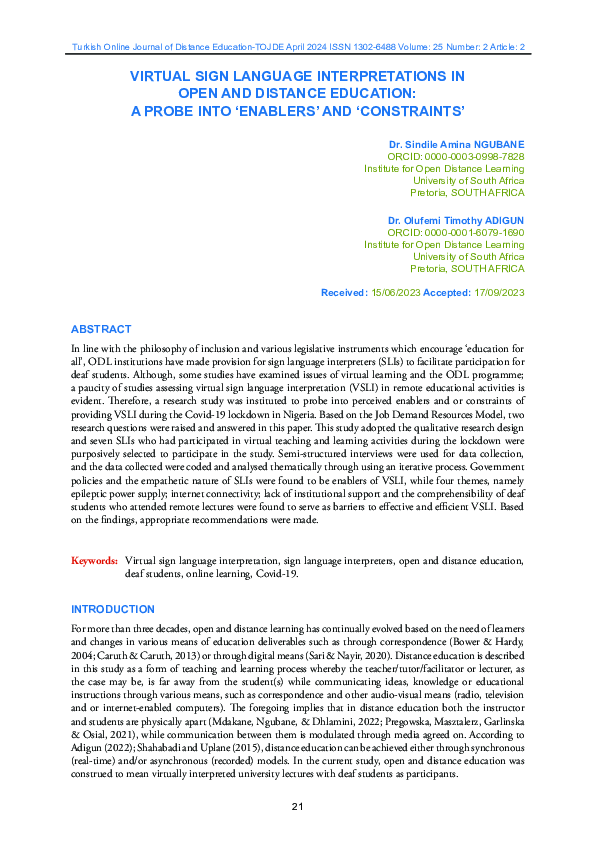 (PDF) VIRTUAL SIGN LANGUAGE INTERPRETATIONS IN OPEN AND DISTANCE ...