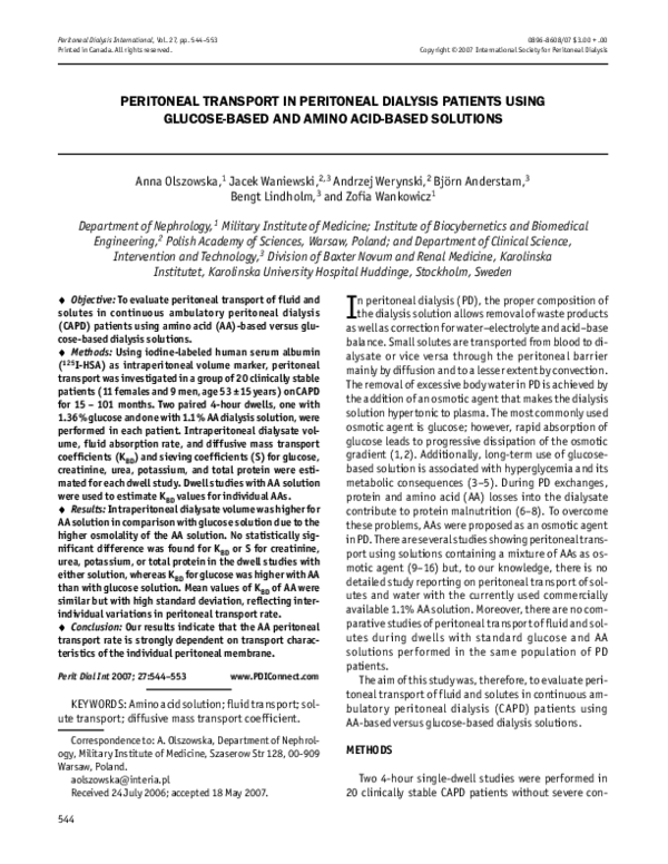(PDF) Peritoneal Transport in Peritoneal Dialysis Patients Using ...