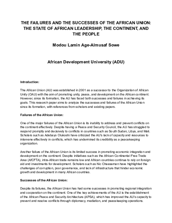 (PDF) THE FAILURES AND THE SUCCESSES OF THE AFRICAN UNION: THE STATE OF ...