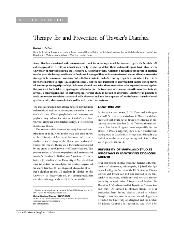 (PDF) Therapy for and Prevention of Traveler's Diarrhea | Herbert ...