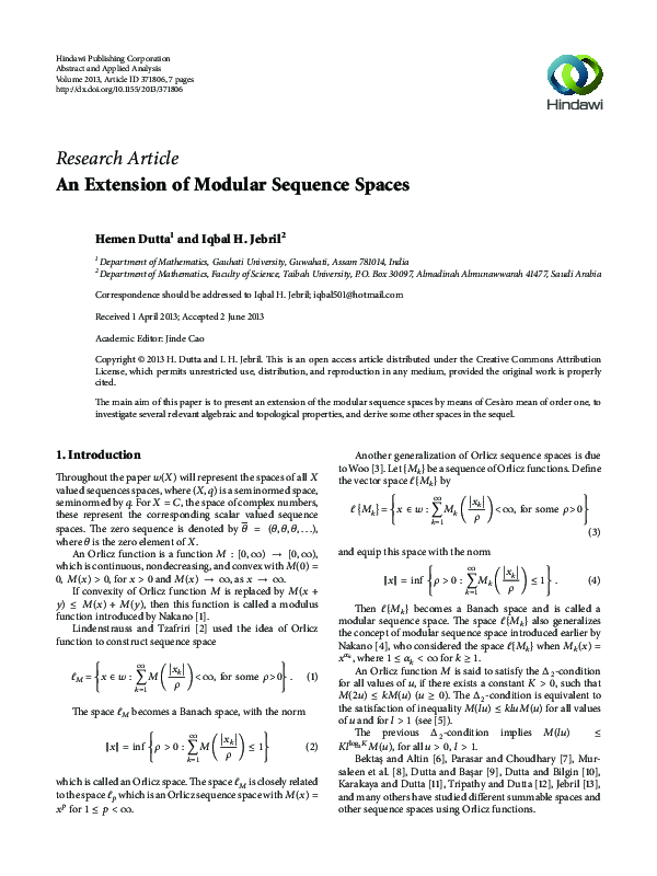(PDF) An Extension of Modular Sequence Spaces | iqbal jebril - Academia.edu