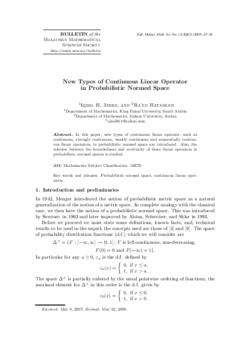 (PDF) New Types of Continuous Linear Operator in Probabilistic Normed Space