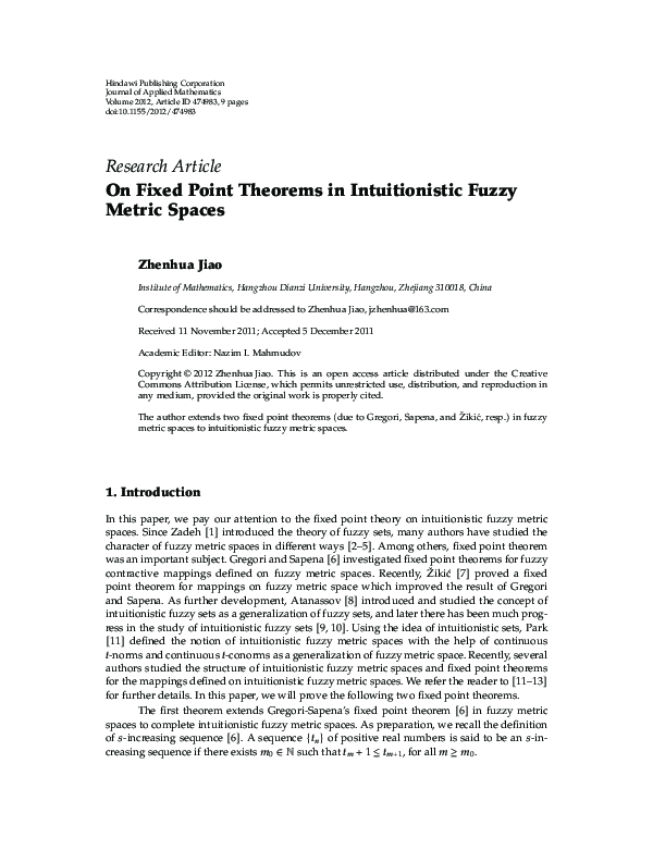 (PDF) On Fixed Point Theorems in Intuitionistic Fuzzy Metric Spaces