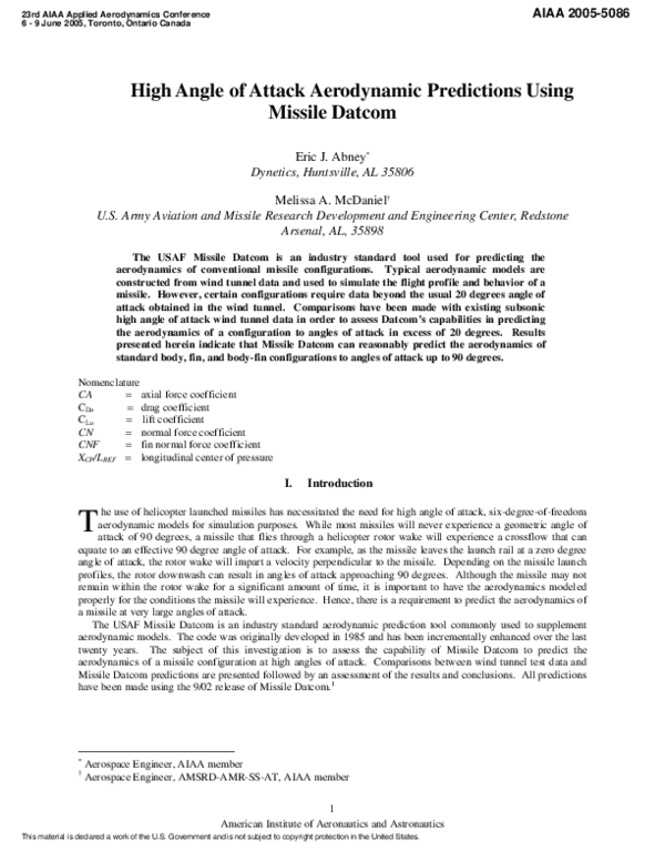 (PDF) High Angle of Attack Aerodynamic Predictions Using Missile Datcom