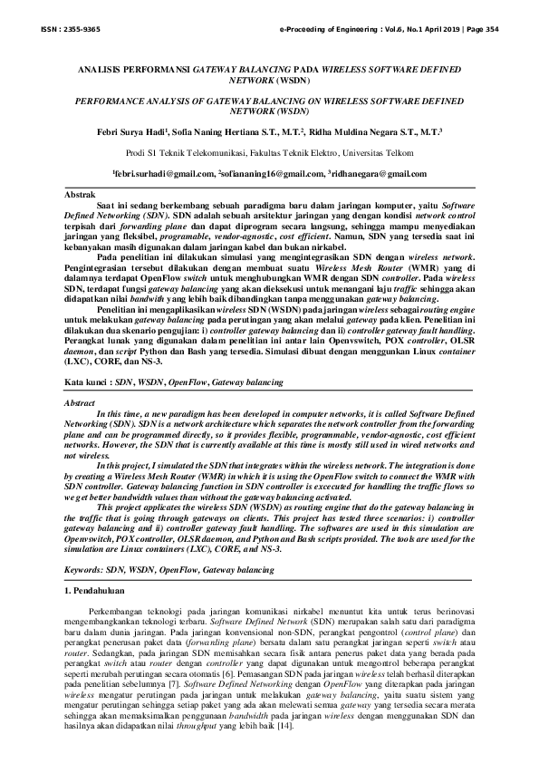 (PDF) Analisis Performansi Gateway Balancing Pada Wireless Software Defined Network (WSDN)