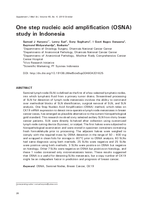 (PDF) One step nucleic acid amplification (OSNA) study in Indonesia