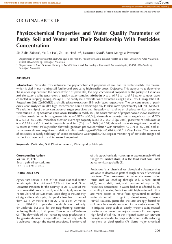 (PDF) Physicochemical properties and water quality parameter of paddy soil and water and their ...