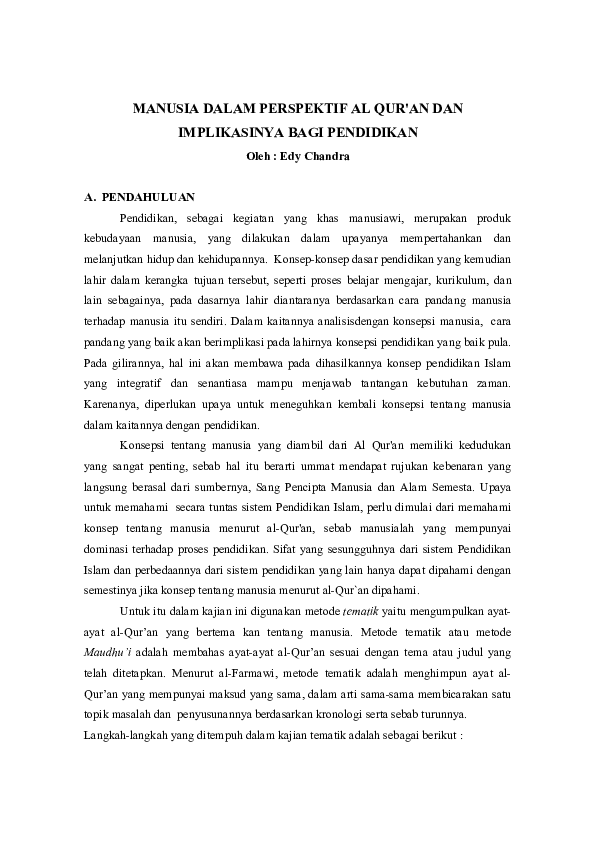 (PDF) MANUSIA DALAM PERSPEKTIF AL QUR'AN DAN IMPLIKASINYA BAGI PENDIDIKAN Oleh : Edy Chandra