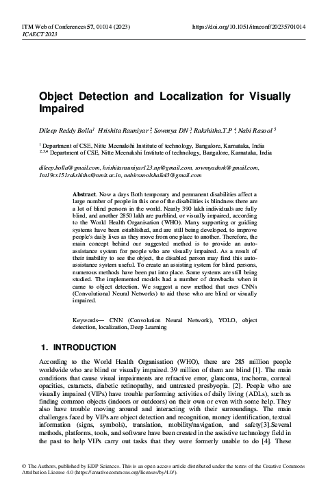 (PDF) Object Detection and Localization for Visually Impaired