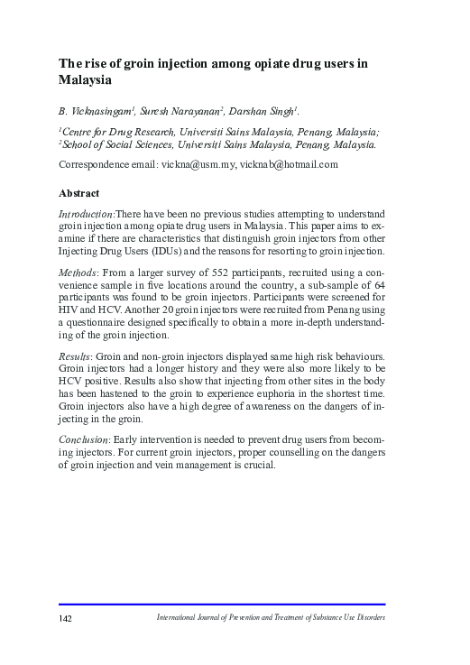 (PDF) The rise of groin injection among opiate drug users in Malaysia