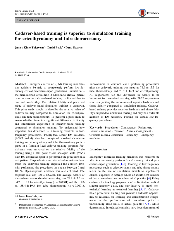 (PDF) Cadaver-based training is superior to simulation training for ...