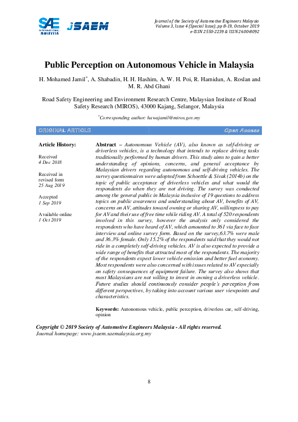 (PDF) Public Perception on Autonomous Vehicle in Malaysia