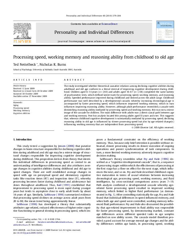 (PDF) Processing speed, working memory and reasoning ability from childhood to old age