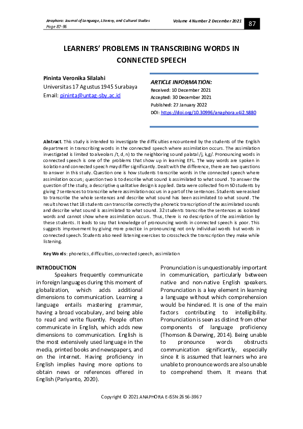 (PDF) Learners’ Problems in Transcribing Words in Connected Speech