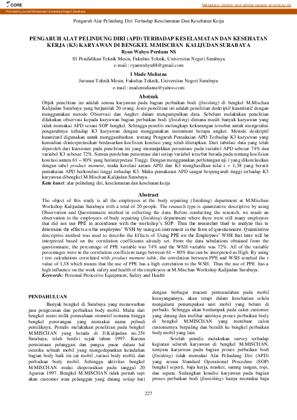 (PDF) Pengaruh Alat Pelindung Diri (Apd) Terhadap Keselamatan Dan ...