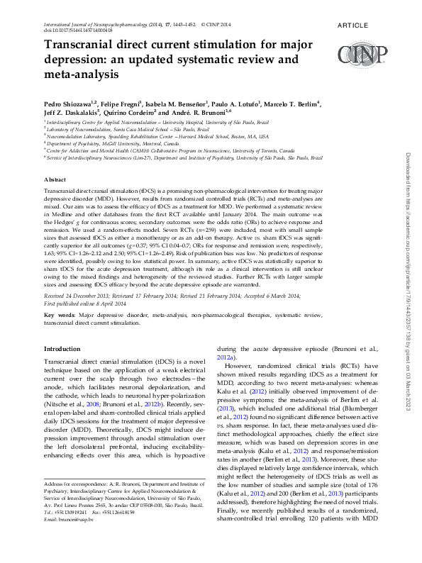 (PDF) Transcranial direct current stimulation for major depression: an ...