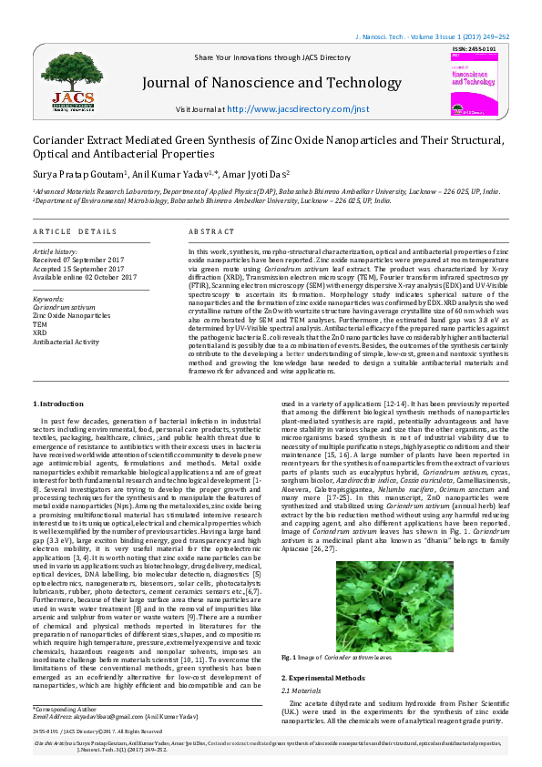 Coriander Extract Mediated Green Synthesis of Zinc Oxide Nanoparticles and Their Structural ...
