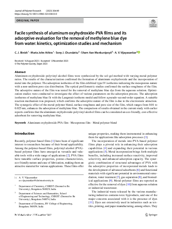(PDF) Facile synthesis of aluminum oxyhydroxide-PVA films and its adsorptive evaluation for the ...